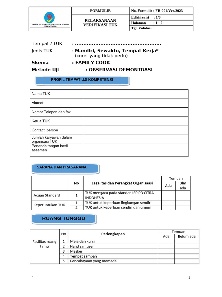 Ceklis Verifikasi Tuk Family Cook Clo | PDF