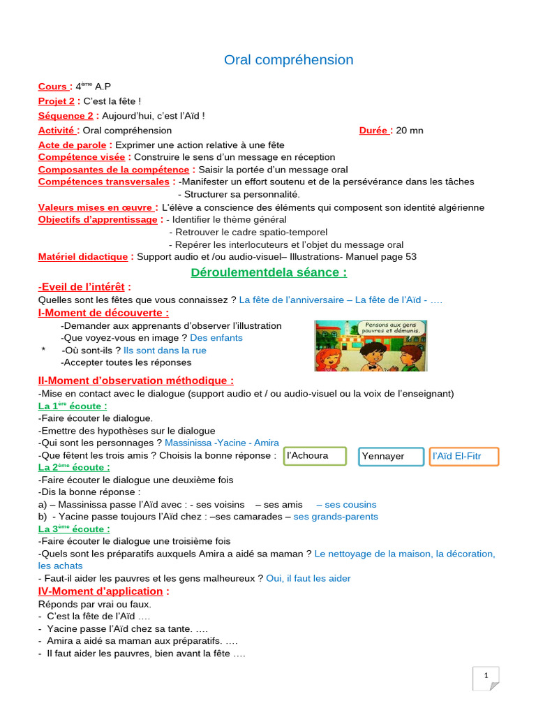 Mostafa Ami-Fiches 4ème .A.P Aujourd'hui, C'est L'aid ! | PDF