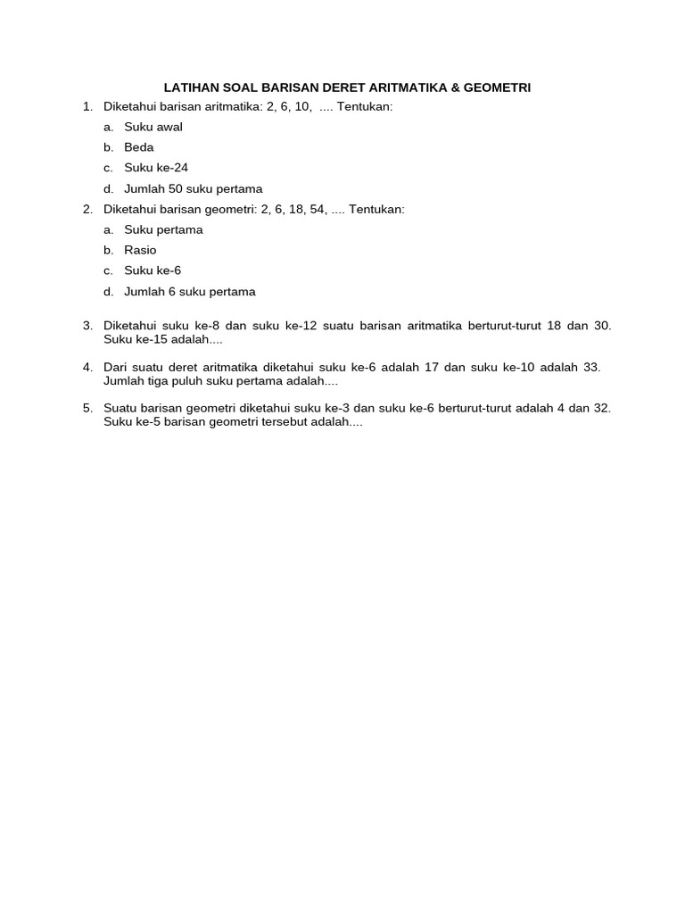 Latihan Soal Barisan Deret Aritmatika & Geometri | PDF