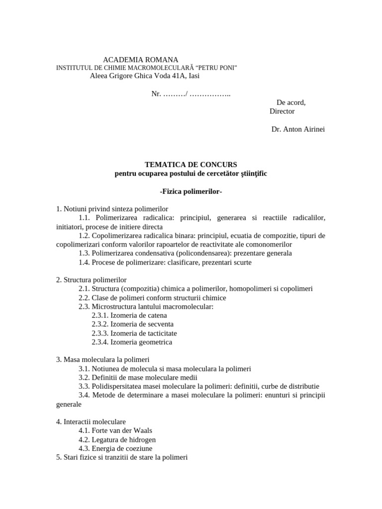 Tematica Fizica Polimerilor | PDF