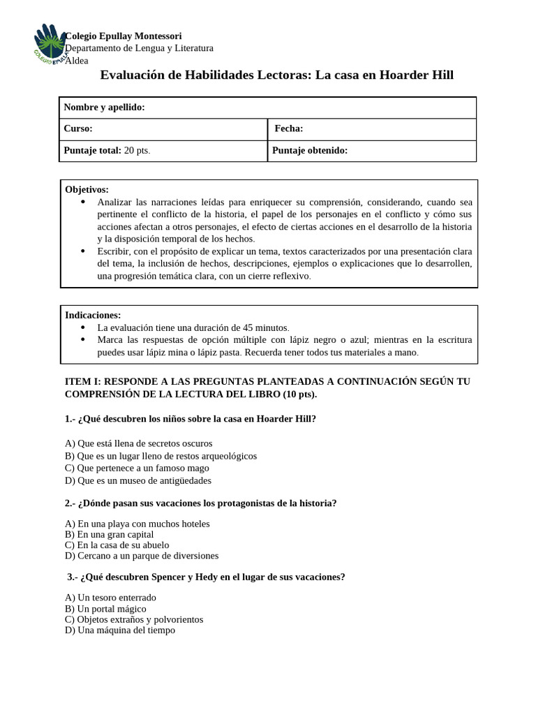Prueba de Comprensión Lectora La Casa de Hoarder Hill | PDF