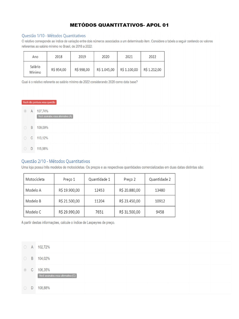 Métodos Quantitativos - Apol 01 e 02 2024 | PDF