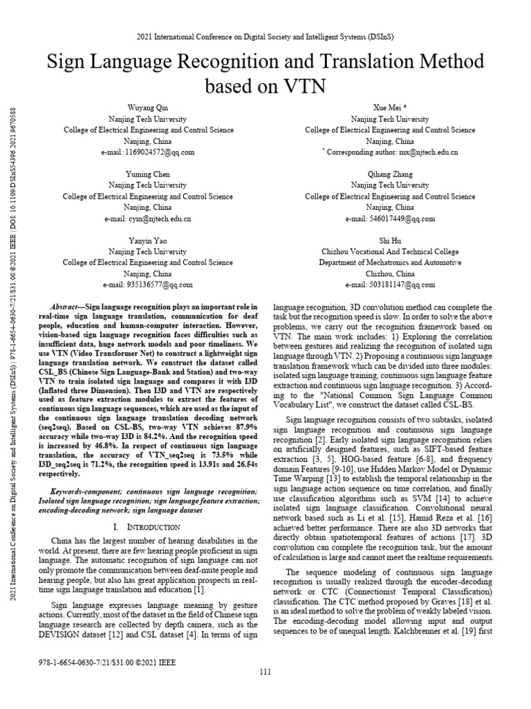 Sign Language Recognition and Translation Method Based On VTN | PDF ...