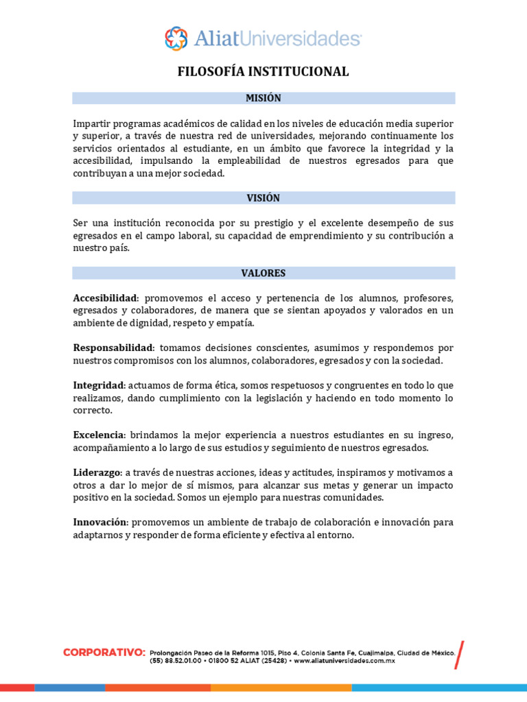 Filosofía Institucional. Aliat Universidades - VF | PDF