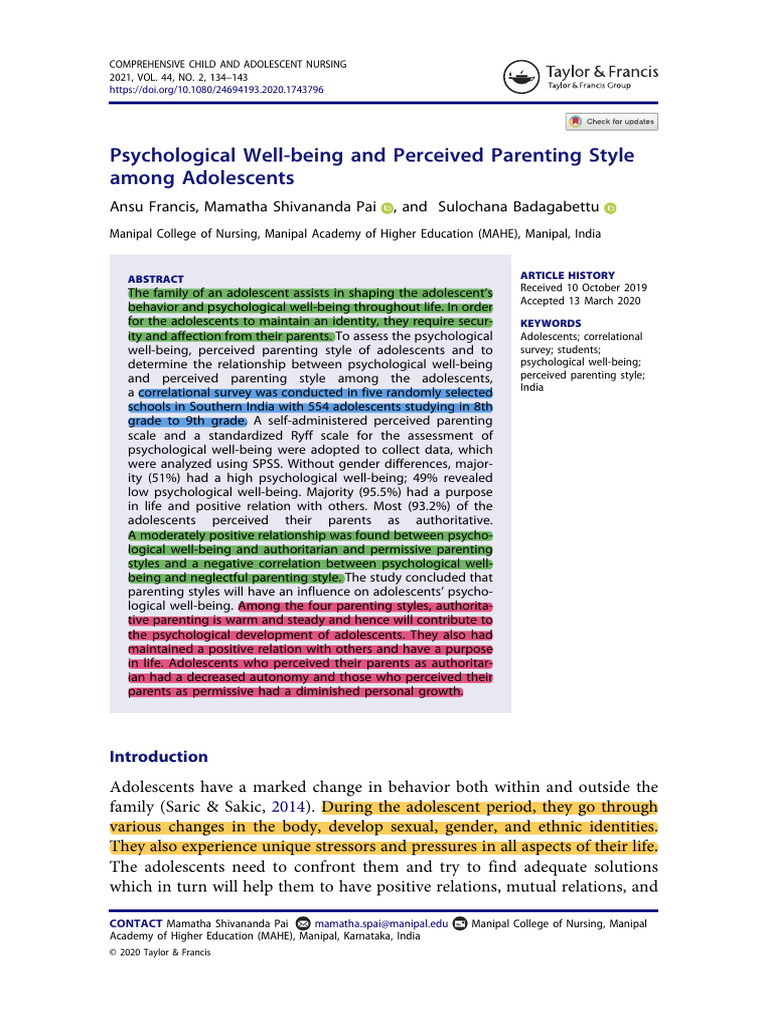 FRANCIS Et Al - PWB + Parenting Style + Adolescents | PDF