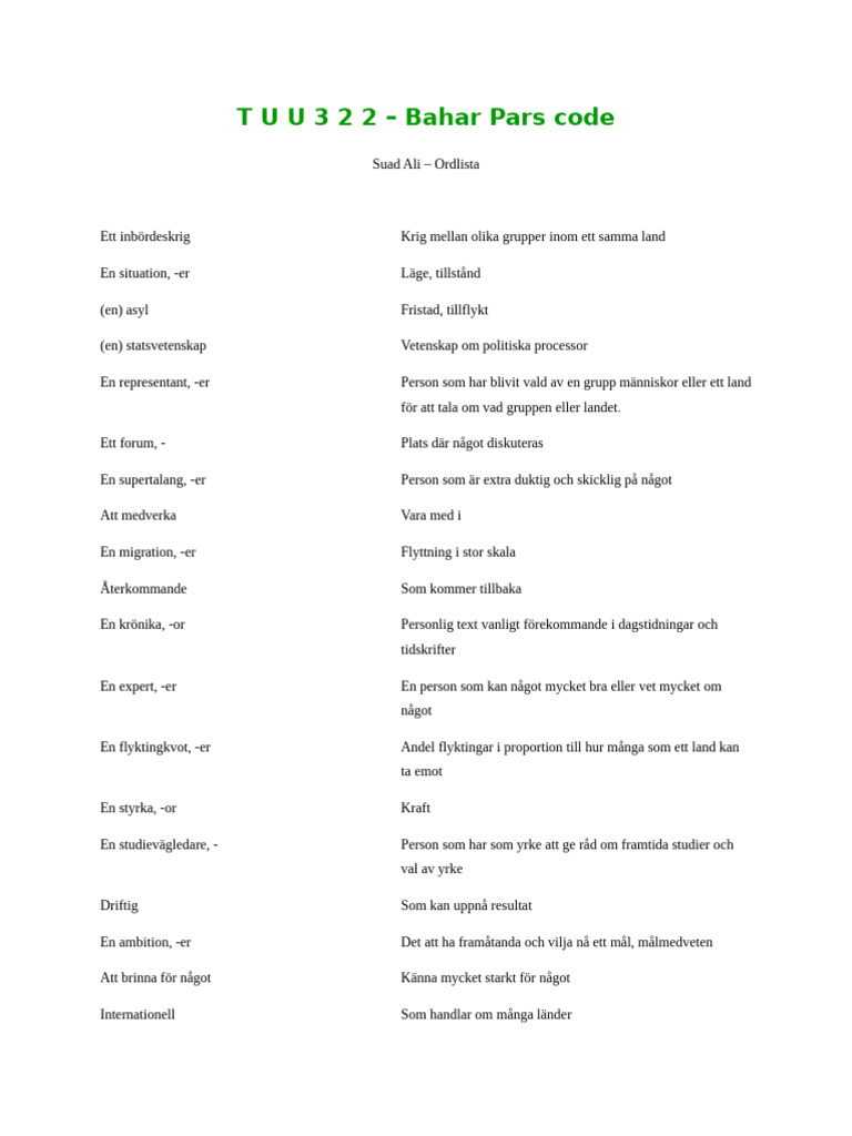 Kursvecka1 Suad Ali Ordlist | PDF