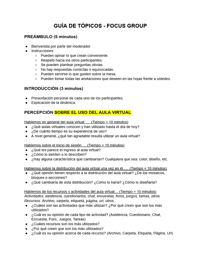 EJEMPLO GUÍA DE FOCUS GROUP | PDF