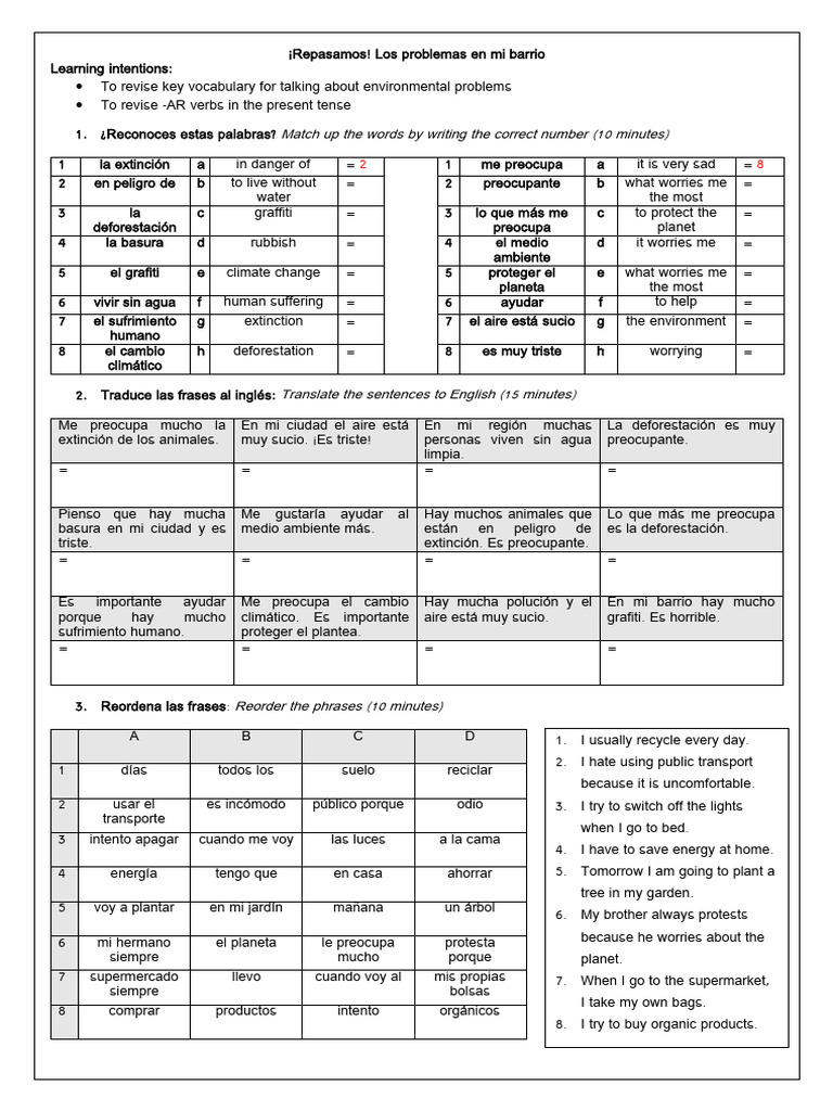 Spanish Environment Problems and Solutions Revision Worksheet | PDF