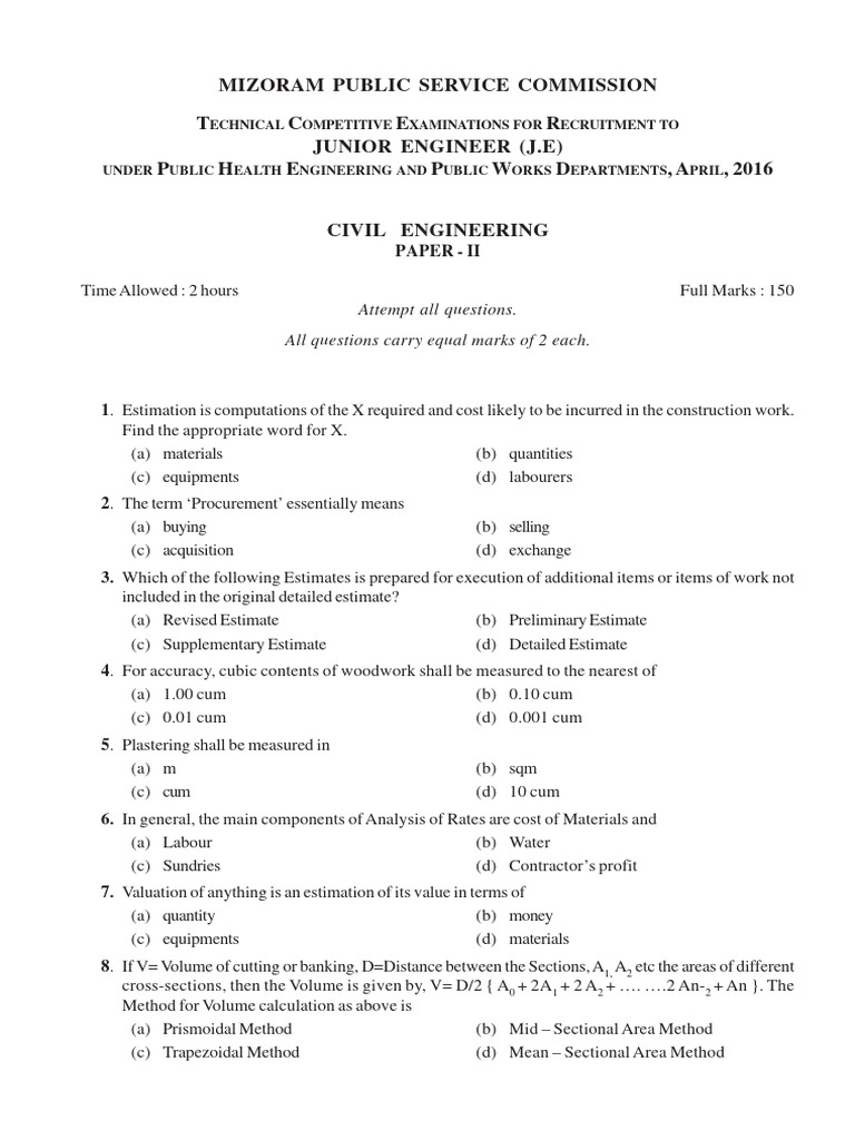 Je Under Pwd Phe Departments 2016 Civil Engineering Paper II | PDF