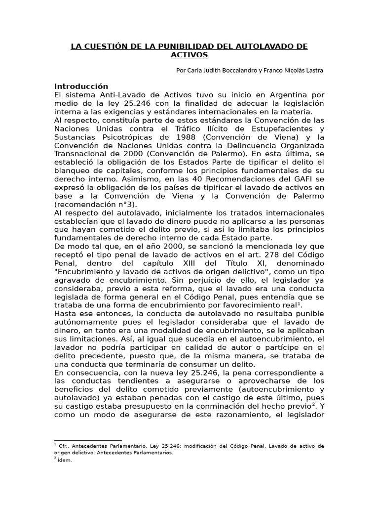 Autolavado de Activos: ¿Punibilidad en Argentina? | PDF | Lavado de ...