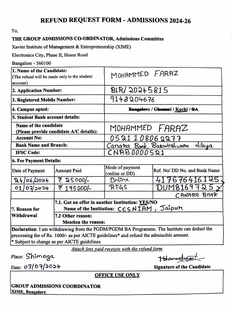 Xime Refund Form | PDF