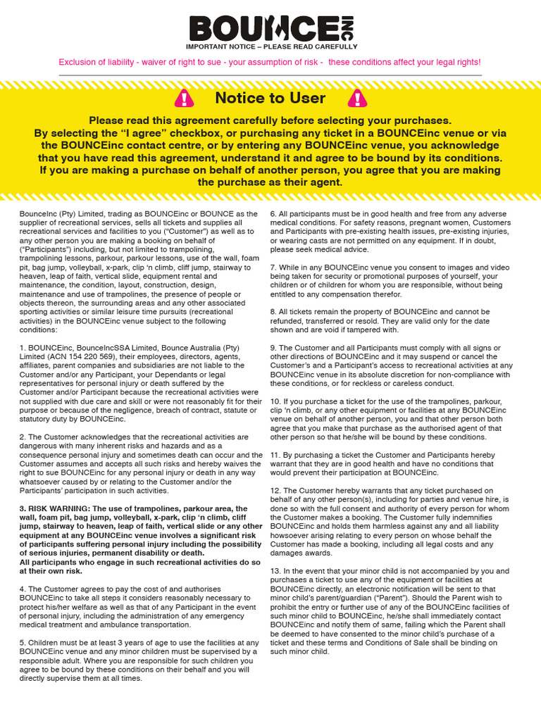 BOUNCE Terms Conditions | PDF | Negligence | Finance & Money Management