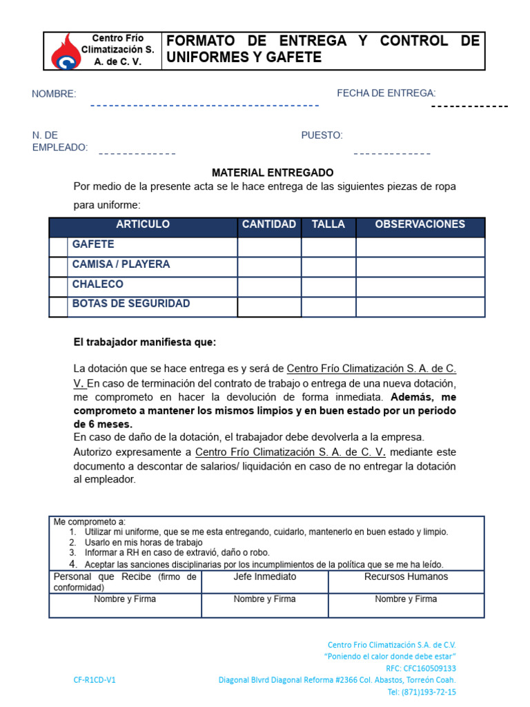 Formato de Entrega y Control de Uniformes y Gafete | PDF