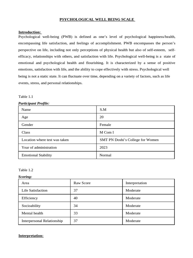 PSYCHOLOGICAL WELL BEING SCALE Interpretation | PDF
