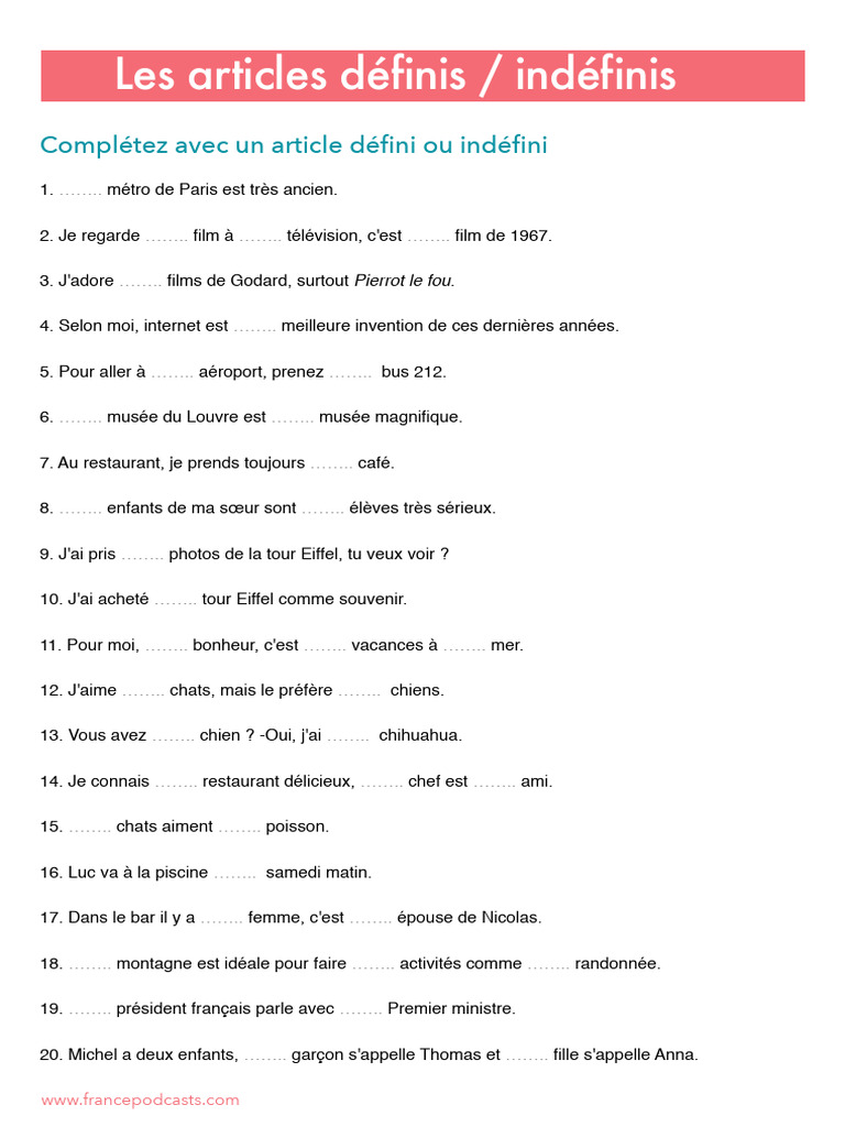 Articles Définis Ou Indéfinis Exercices Et Corrigé 2 1 | PDF