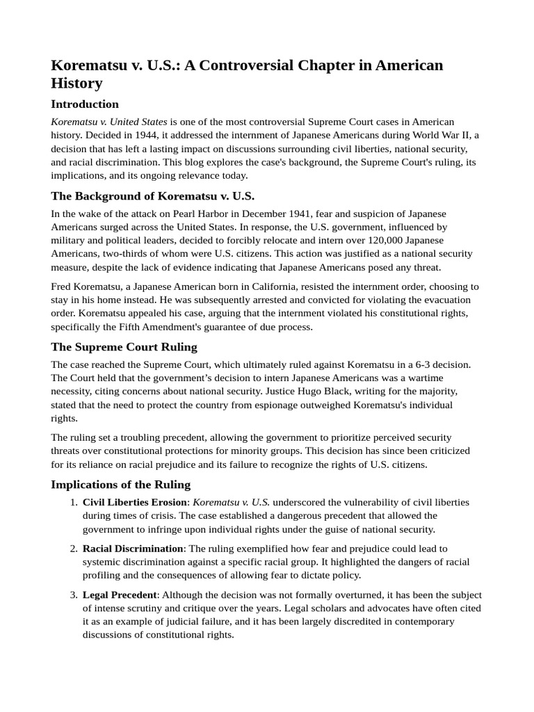 Korematsu v. U.S.: A Controversial Chapter in American History | PDF