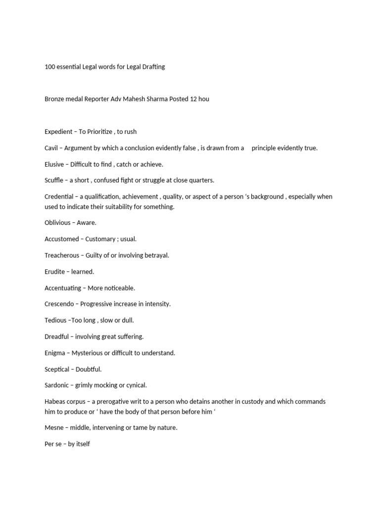 100 Essential Drafting Words Advocate Pathan | PDF