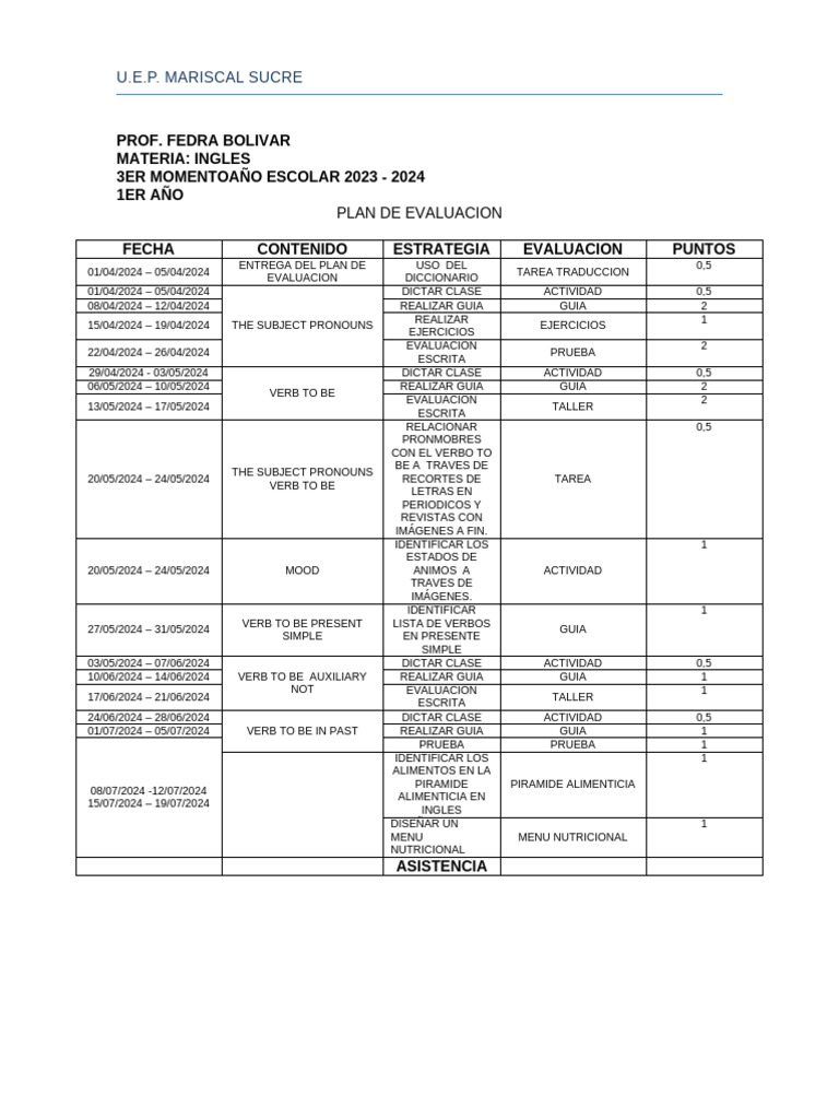 Plan de Evaluacion 1er Año 2023 - 2024. 3er Lapso | PDF