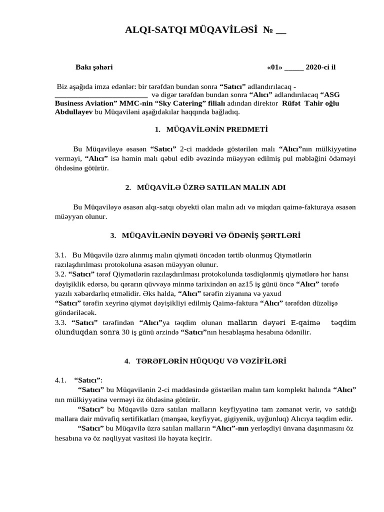 1 ASG - Alqi-Satqi Muqavile Formasi (Sky Catering) | PDF