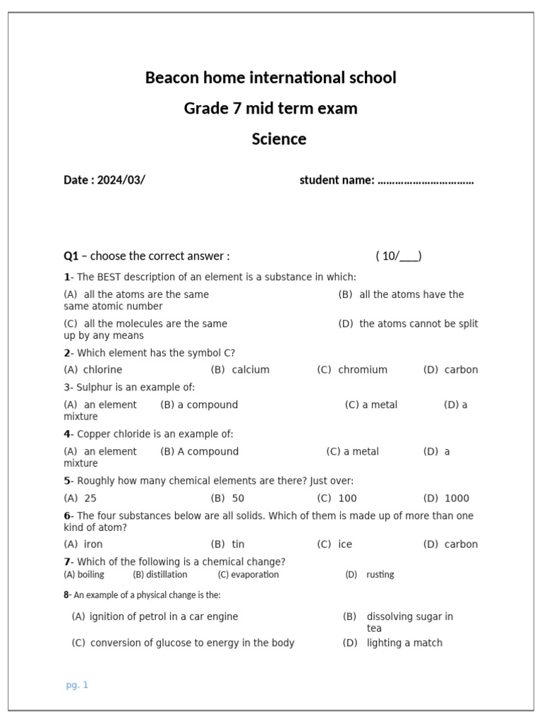 Grade 7 Mid Term | PDF | Chemical Substances | Water