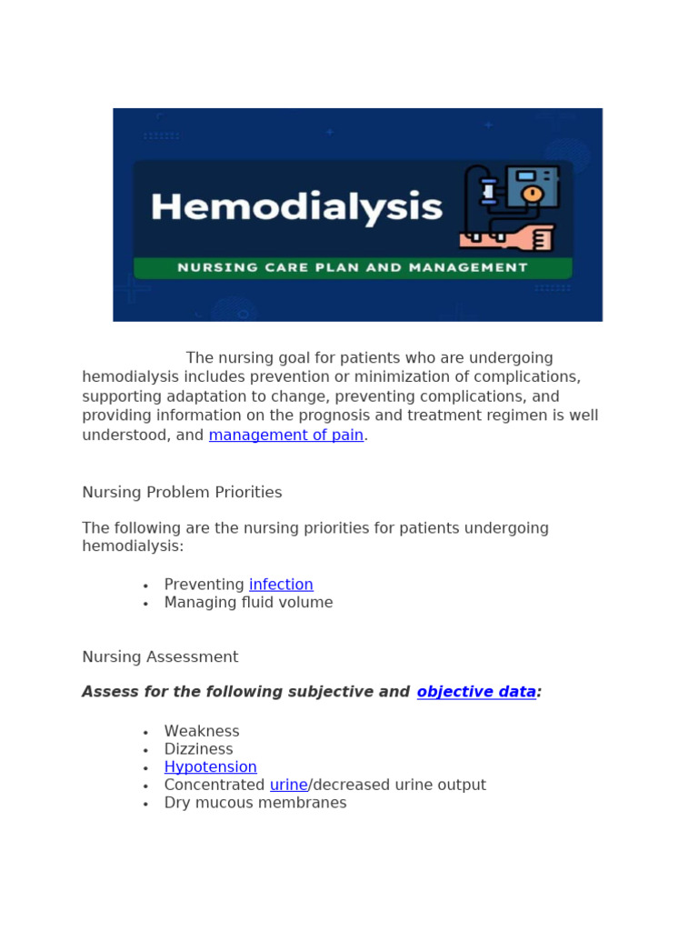 The Nursing Goal For Patients Who Are Undergoing Hemodialysis Includes ...