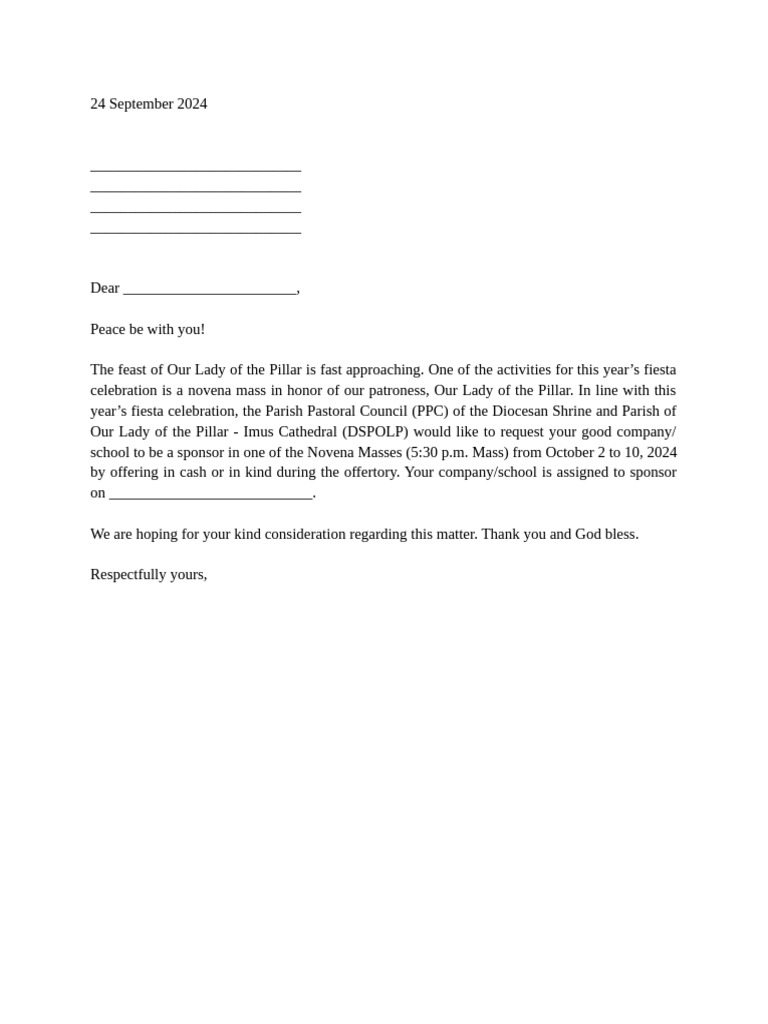 Letter - Novena Mass Sponsor | PDF
