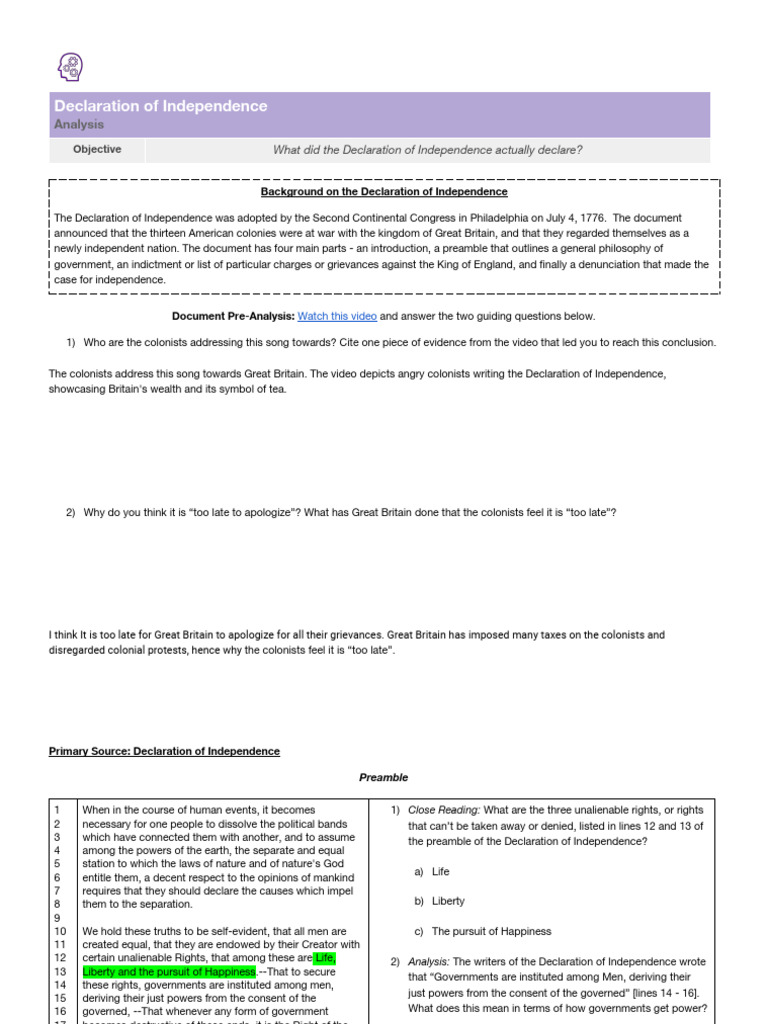Declaration of Independence Analysis | PDF