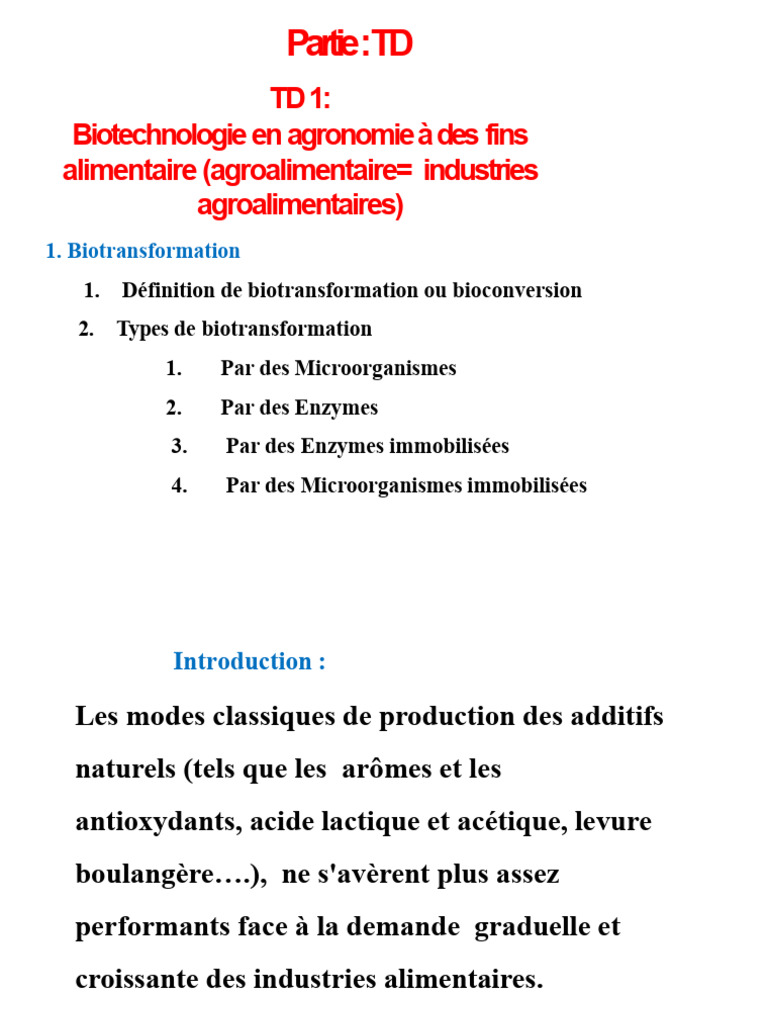 Partie: TD: TD 1: Biotechnologie en Agronomieàdes Fins Alimentaire (Agroalimentaire Industries ...