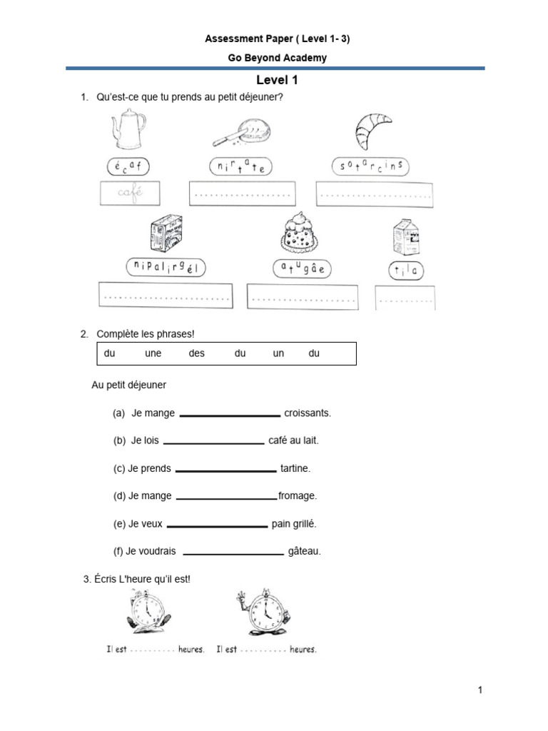 French Level 1 - 3 Assessment Paper | PDF