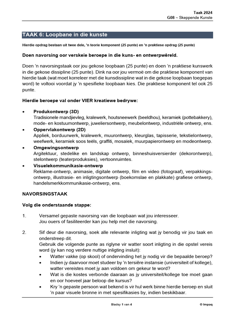 TAAK 6: Loopbane in Die Kunste: Doen Navorsing Oor Verskeie Beroepe in ...