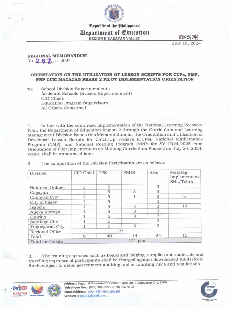Regional Memorandum No. 267 S. 2024 Orientation On The Utilization of ...