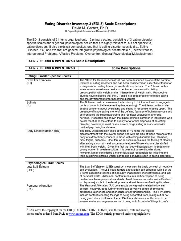 2004 Eating Disorder Inventory-3 (EDI-3) Scale Descriptions | PDF