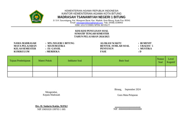 Format Kisi-kisi Sts | PDF