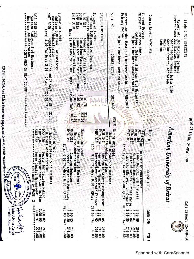 AUB Transcript | PDF