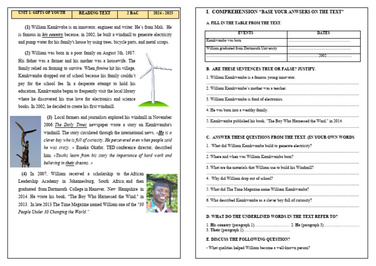 Unit 1 Reading William Kamkwamba | PDF