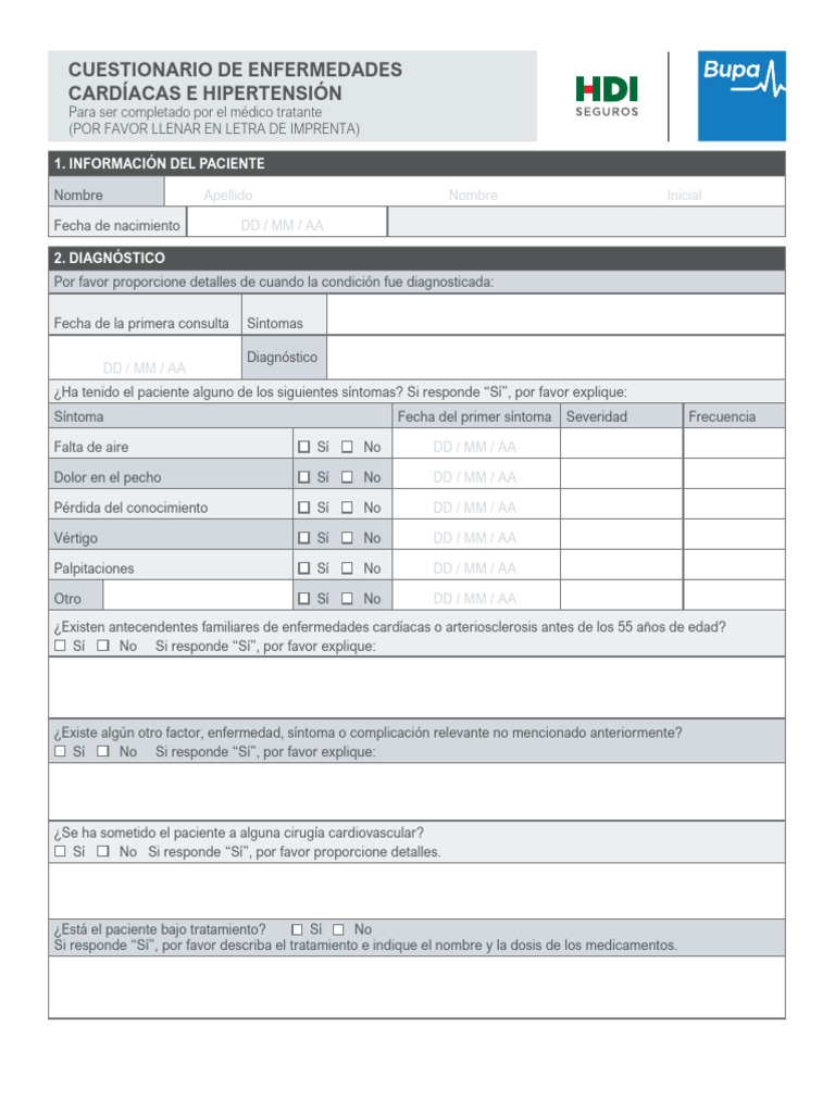 Cuestionario Enfermedades Cardiacas Hipertension Hdi Bupa | PDF