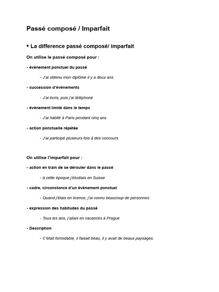 Passé Composé Et Imparfait + Exercice | PDF