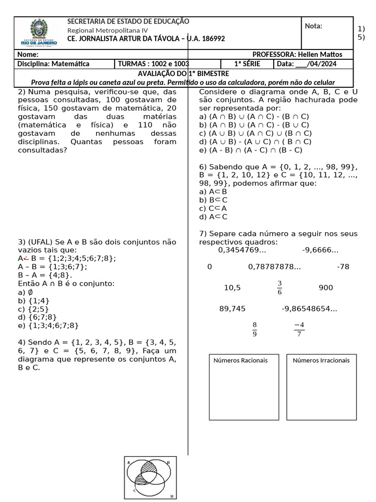 Mat Prova 1ºbi | PDF