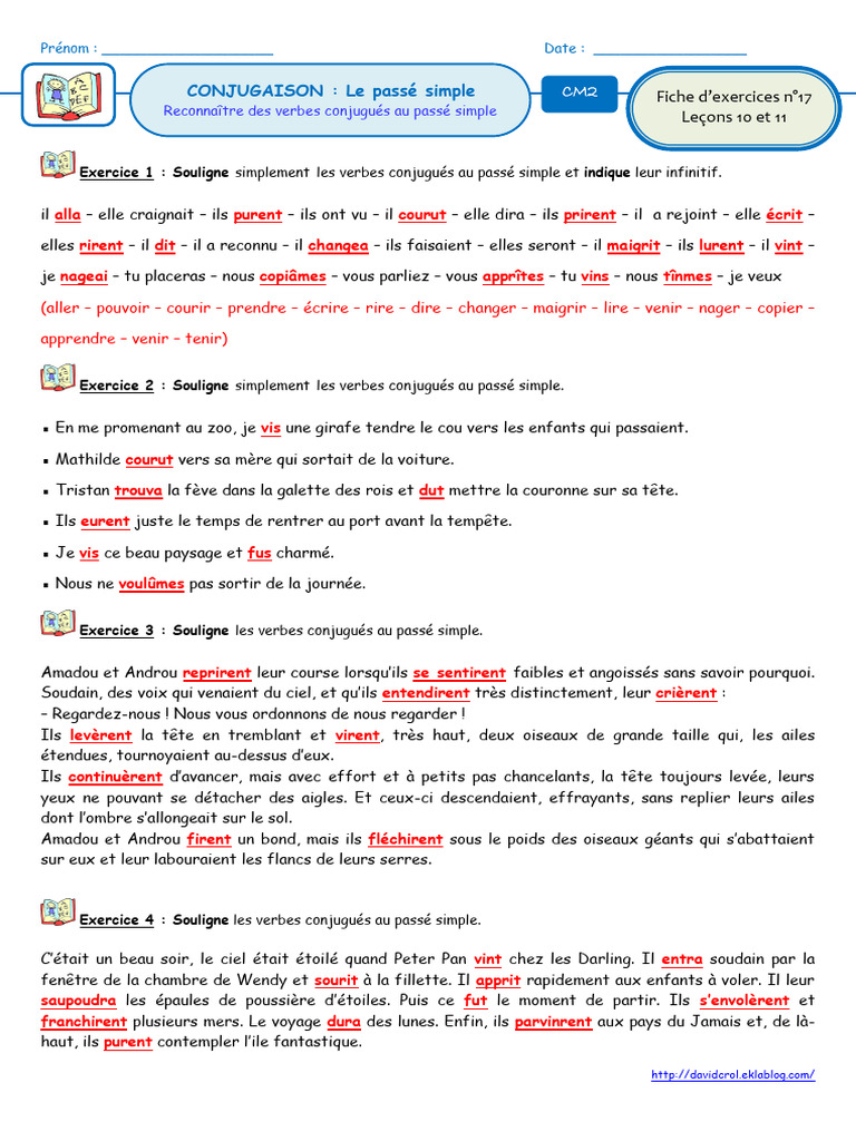 Fiche 17 Reconnaitre Des Verbes Conjugues Au Passe Simple Correction | PDF