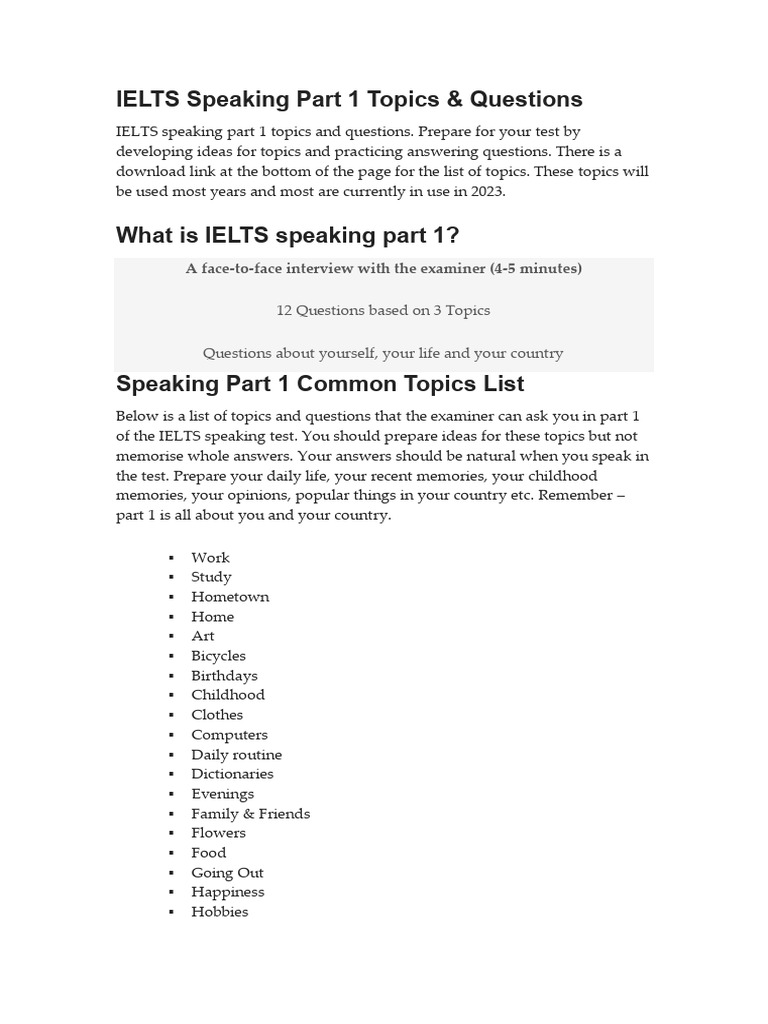 IELTS-Speaking-Part-1-Topics-Questions | PDF
