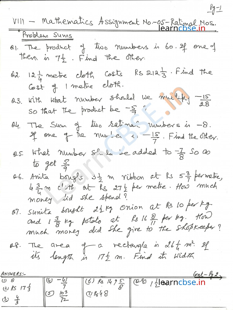 Rational Numbers Cbse Class 8 Maths Assignment 5 | PDF