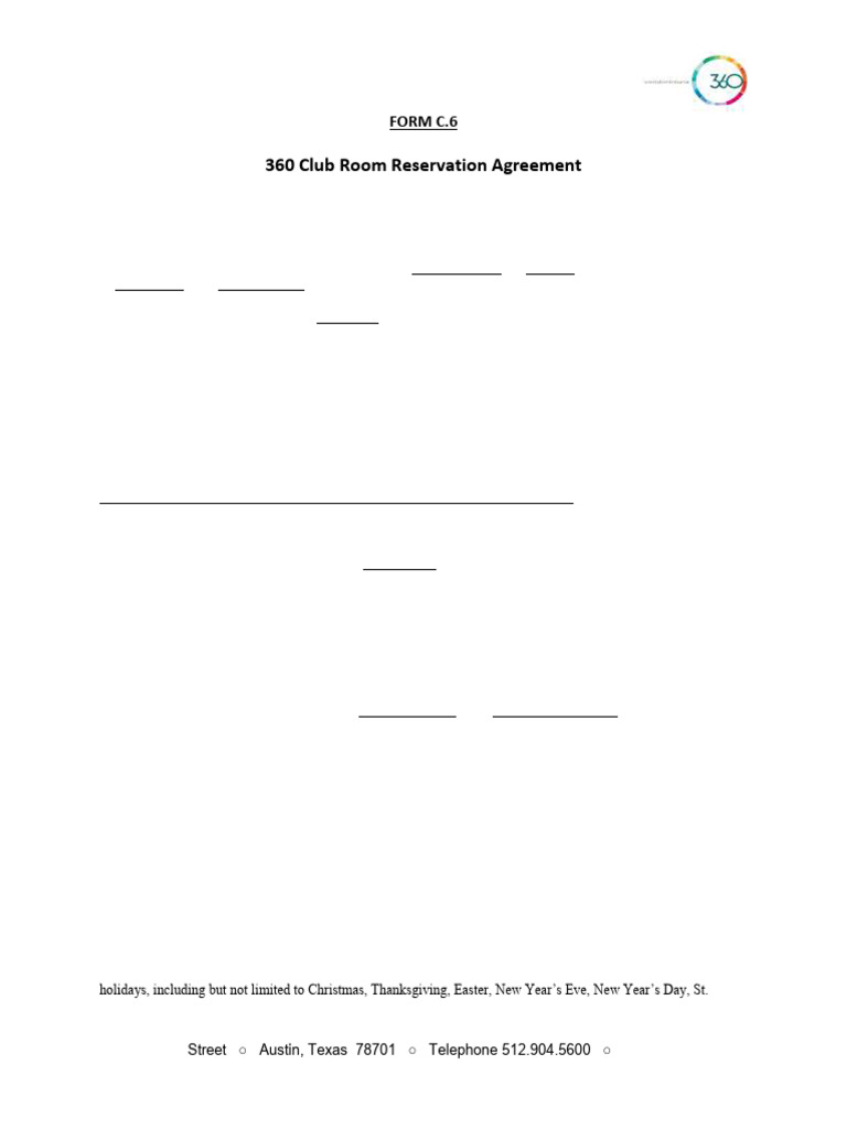 360 Club Room Reservation Agreement | PDF | Fee | Indemnity