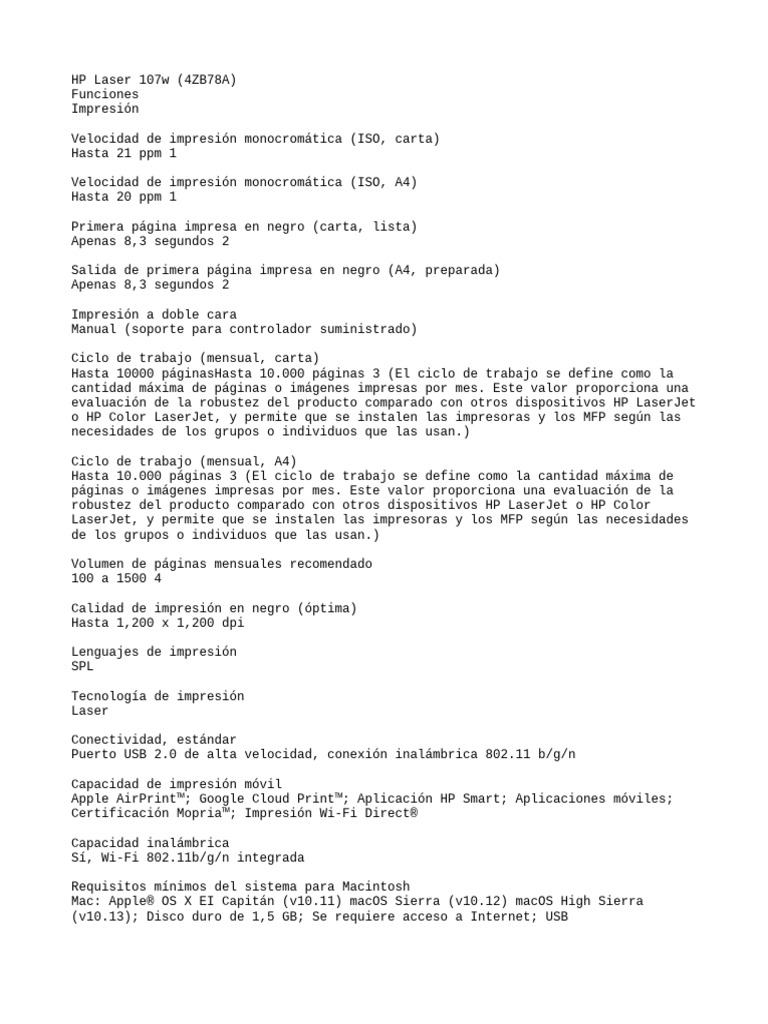 Cualidades de Impresora Hp 107 | PDF
