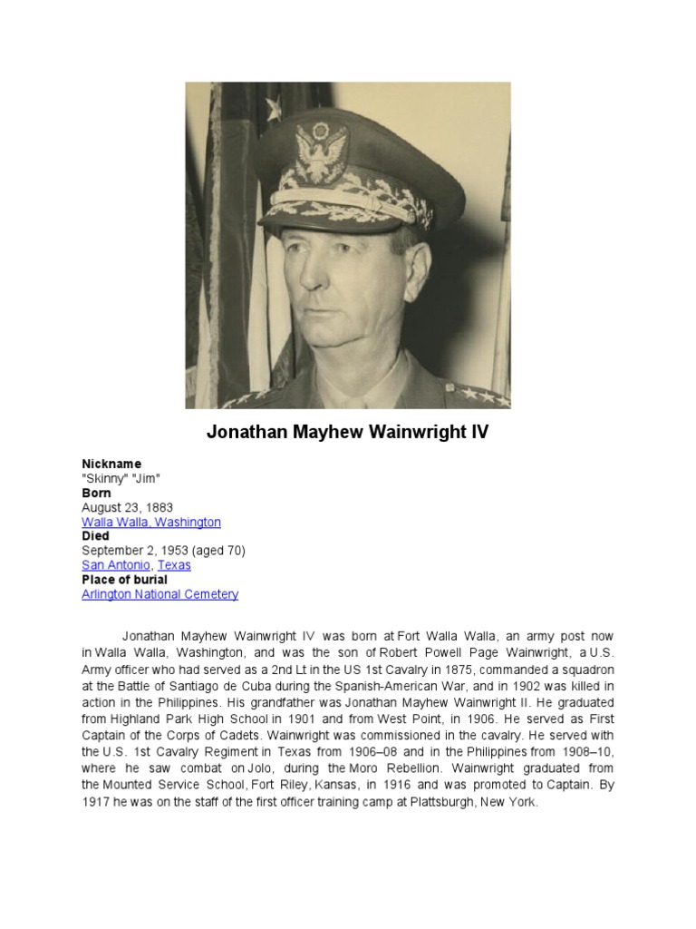 Jonathan Mayhew Wainwright IV: Nickname Born | PDF | Franklin D ...