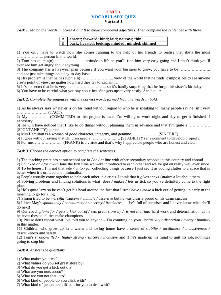 V-1 - Unit 1 - Vocabulary Quiz | PDF