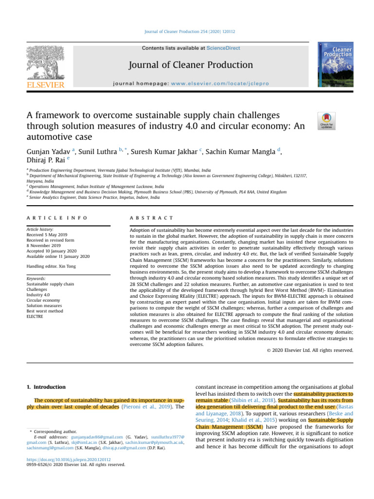A Framework To Overcome Sustainable Supply Chain Challenges Through Solution Measures Of