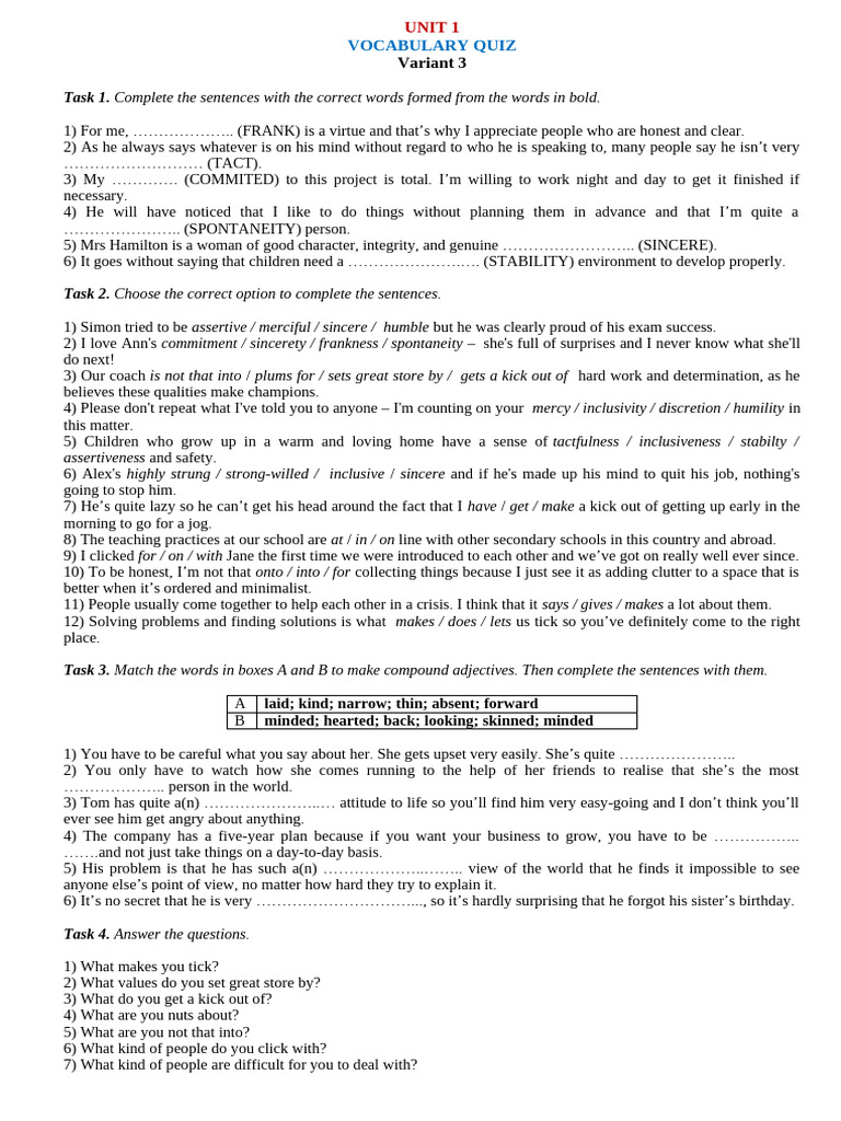 V-3 - Unit 1 - Vocabulary Quiz | PDF