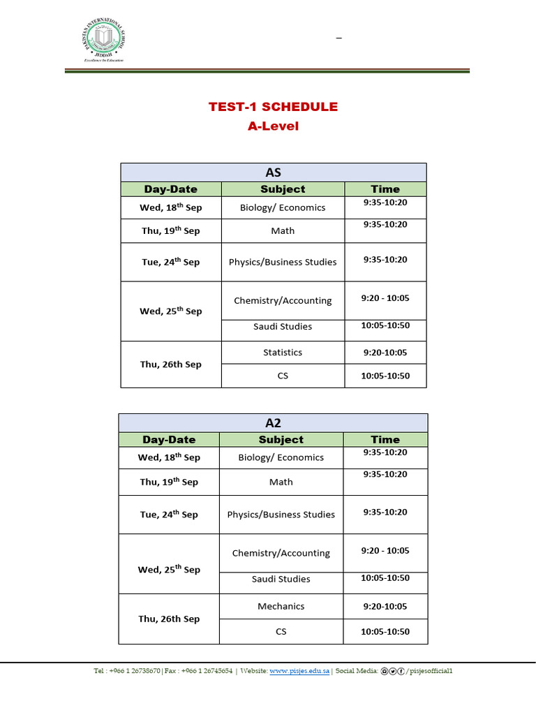 A Level Test 1 Timetable and Schedule | PDF