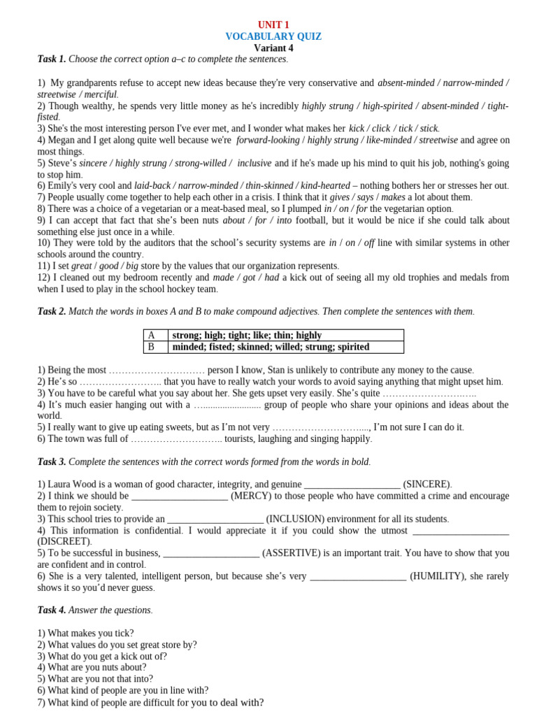 V-4 - Unit 1 - Vocabulary Quiz | PDF