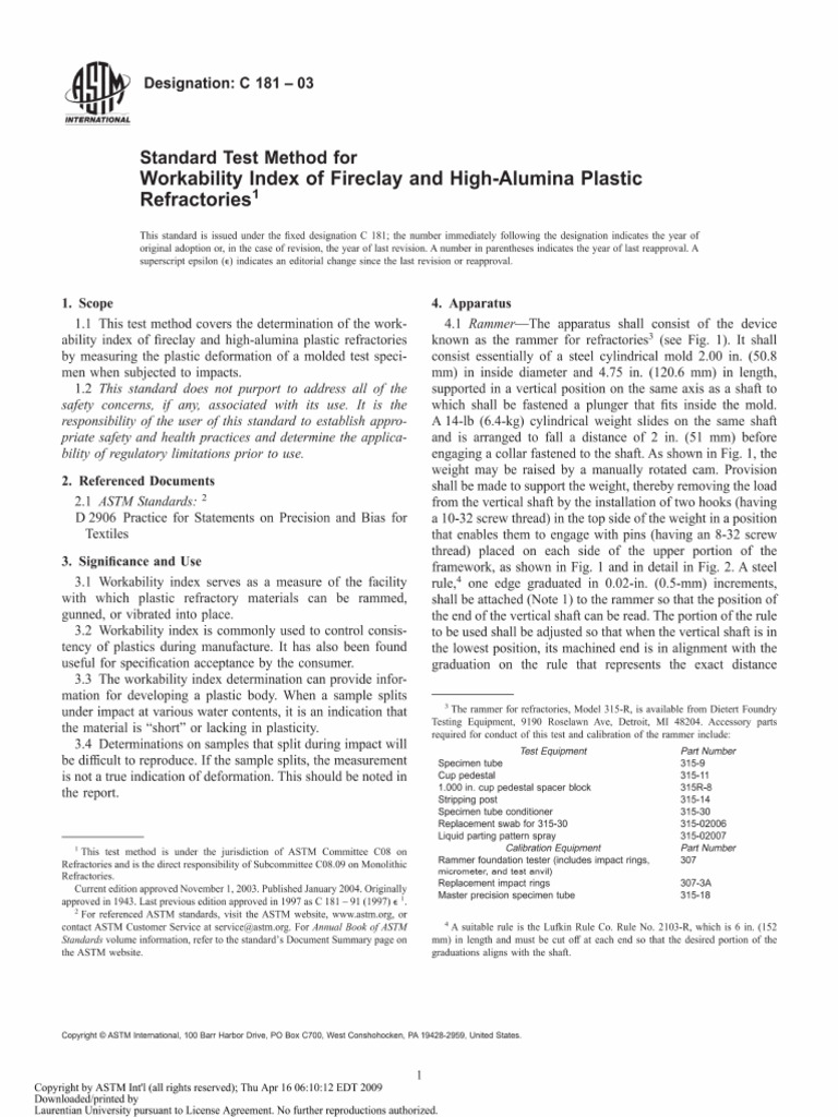 ASTM C-181, Metodo Estandar para El Indice de Trabajabilidad de Los Plasticos Refractarios | PDF